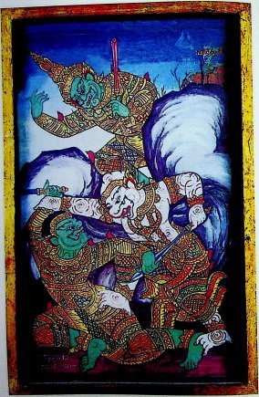 Hanuman fighting [Ramakien Paintings in Wat Suthat]
