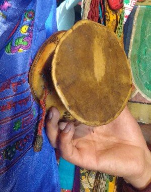 Figure 4.5.18: Two angles of a thod rnga made [Tibetan ritual objects]