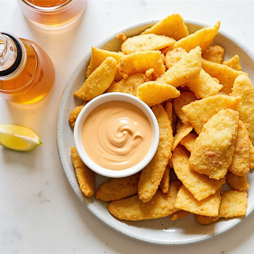 Pescado en Tempura de Cerveza y Patatas Fritas Picantes con Salsa ...